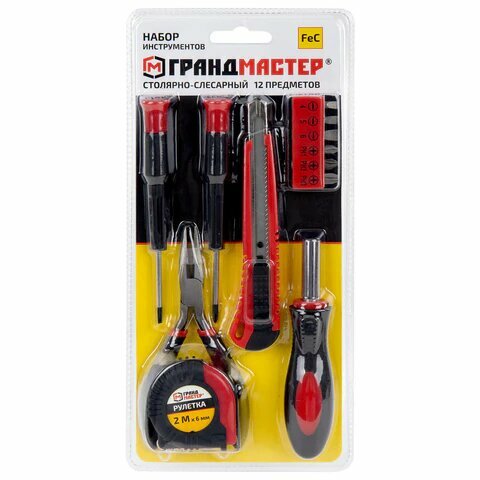 Набор инструментов столярно-слесарный, 12 предметов, блистер, грандмастер, 671330