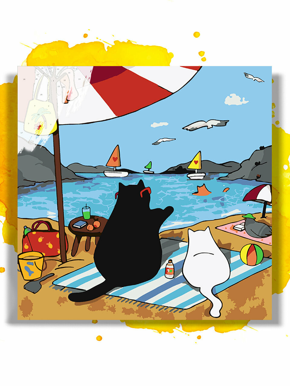 Картина по номерам на холсте Черный кот чиллит на пляже, 40 х 40 см