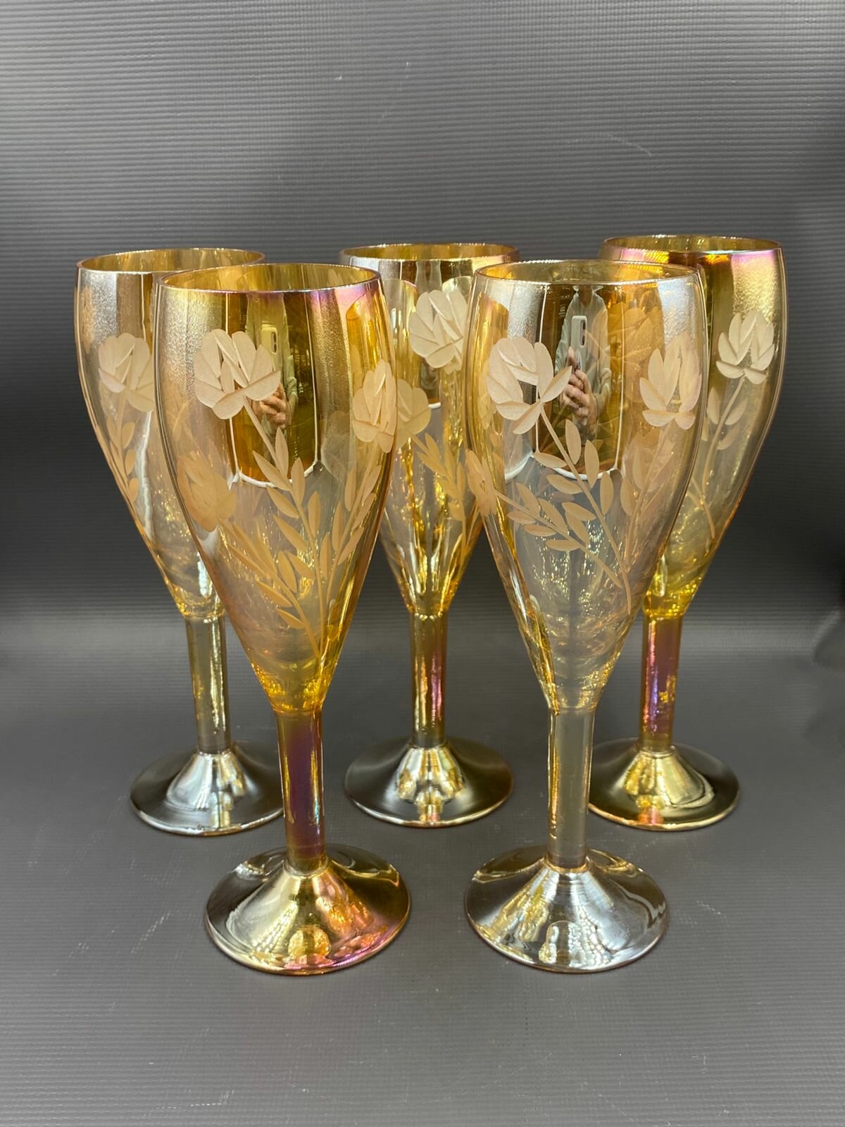 Фужеры - Бокалы набор 5 штук "Цветы" Резьба, Цветное стекло СССР, высота 19,5 см Красивые! Редкие!