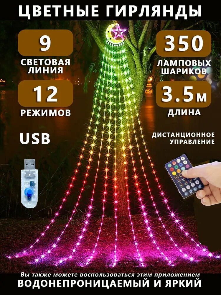 Электрогирлянда интерьерная Елочки Люминесцентная (энергосберегающая) 346 ламп, 3.5 м, питание От порта USB, 1 шт