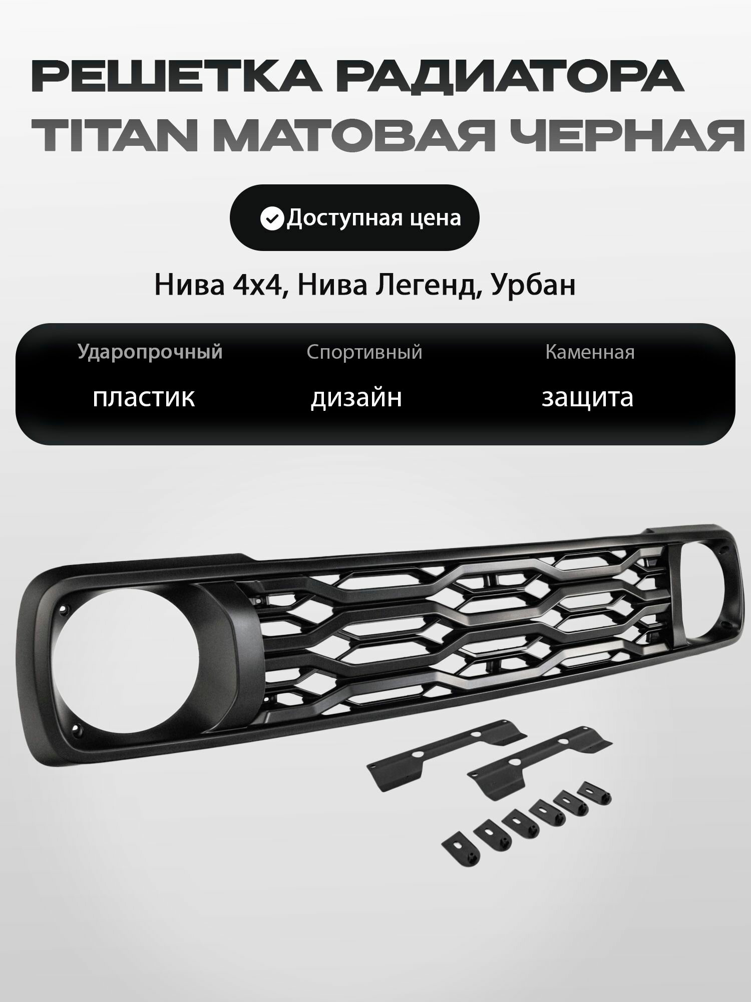 Решетка радиатора Titan черная матовая без места под шильдик для Лада 4х4, Нива Легенд