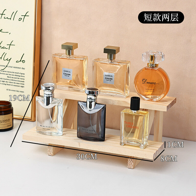Ступенчатая полка для духов из массива дерева, 2/3 уровня, 30/40 см, для туалетного столика, демонстрации (настольная, натуральное дерево, простая сборка)