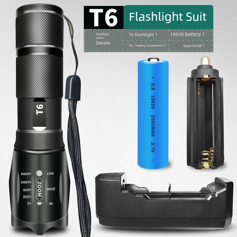T6 Высокомощный LED Фонарик с Зарядным Устройством и 1 Батареей, Идеален для Приключений и Ночной Езды