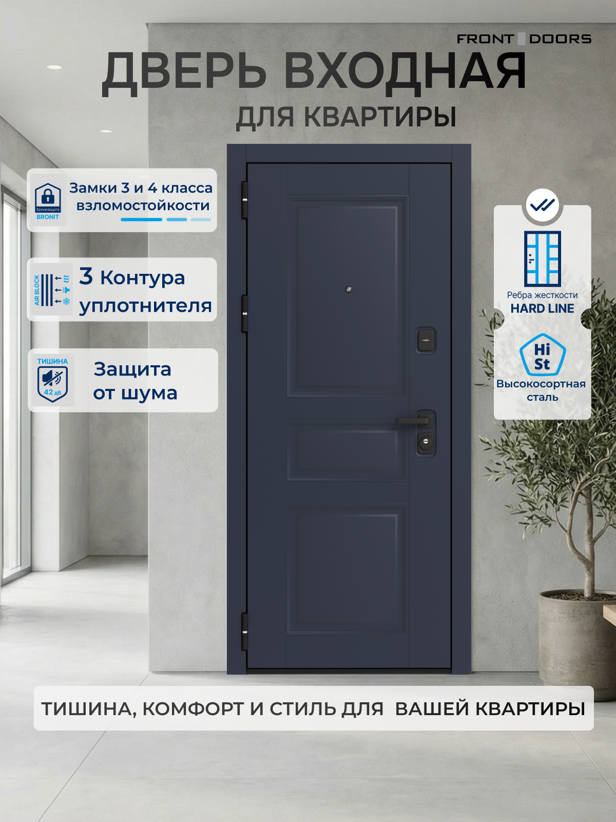 Входная дверь для квартиры FLST BL 400 (H4-G301K(bl) левая 860х2050 темно-синий