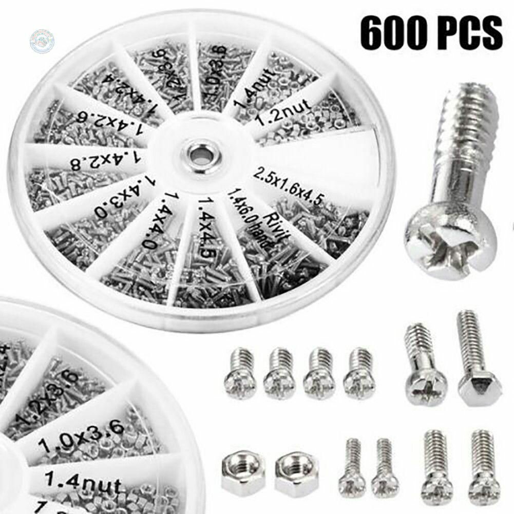 Набор мелких винтов и гаек для ремонта часов, очков и электроники, 600 шт, сортированные нержавеющие микровинты M1-M1.6 в удобной пластиковой коробке