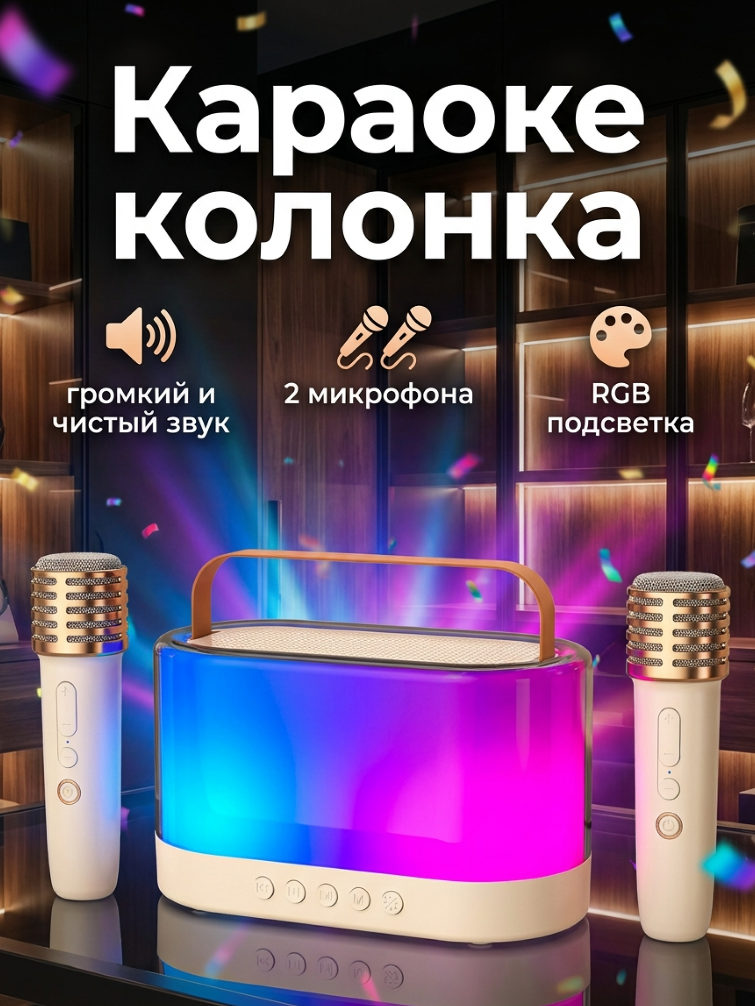Беспроводная Bluetooth караоке колонка 2 микрофонами и RGB подсветкой