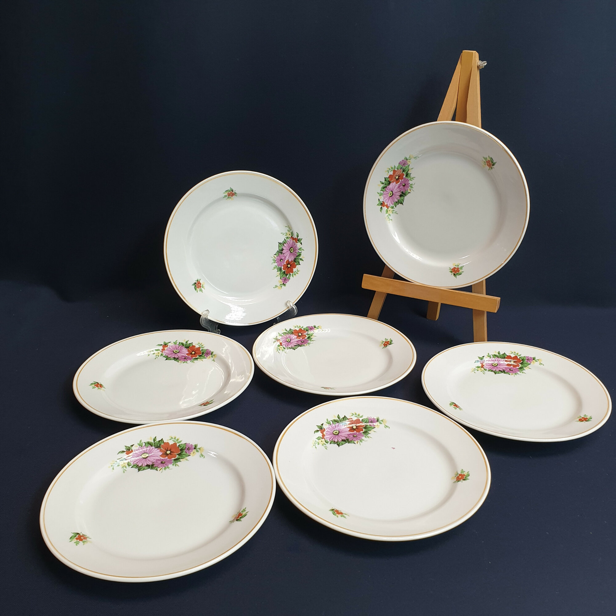 Набор десертных тарелок 17 см 7 шт, Дулево, фарфор, деколь, люстр. Винтаж, СССР.