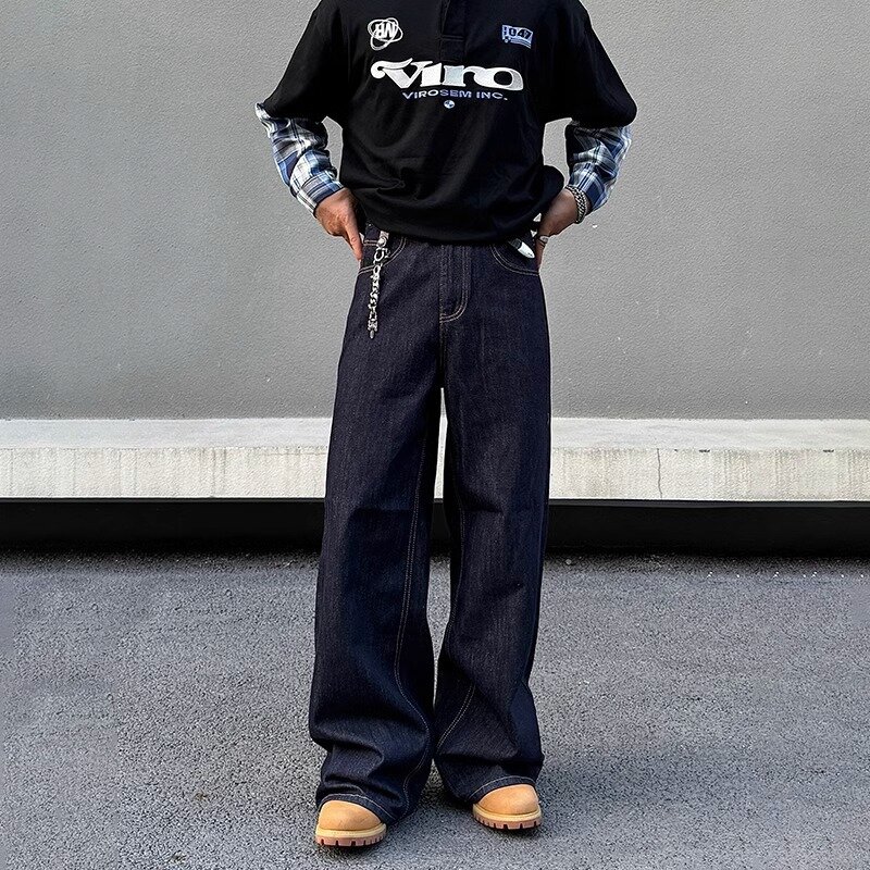 Тренд RONG CH Джинсы Мужские Джинсовые Винтажные Прямые Свободные Расшитые Широкие Деним, Размер_2XL