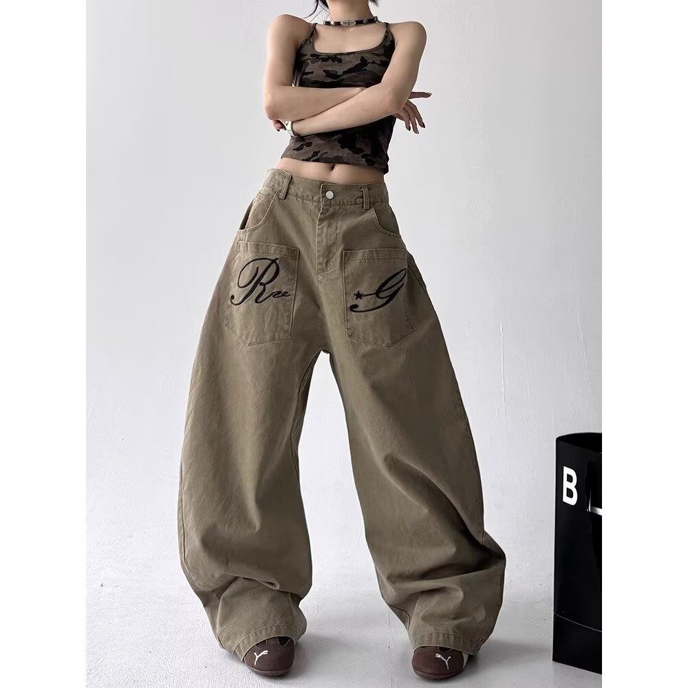 JYL Джинсы Женские Карго Винтажные Большие Карманы Стильные Деним, Размер_L