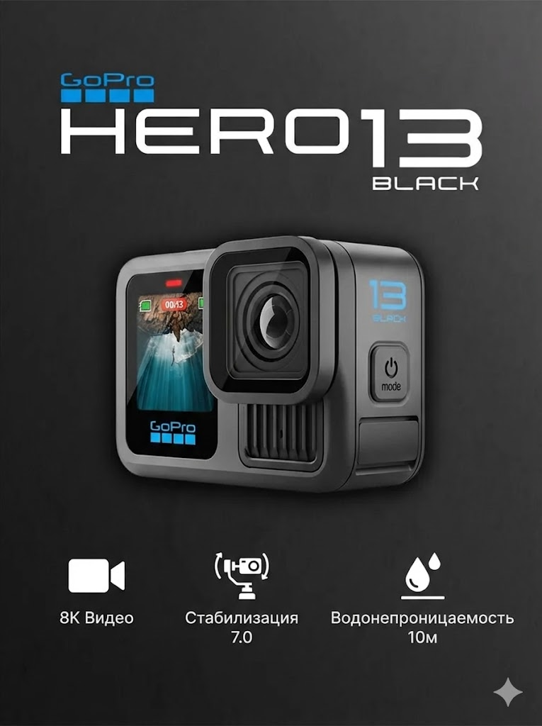 Go Pro Экшн камера 4k GoPro 13 Hero Black, водонепроницаемая экшн-камера с видео 5.3K, фото 27 МП