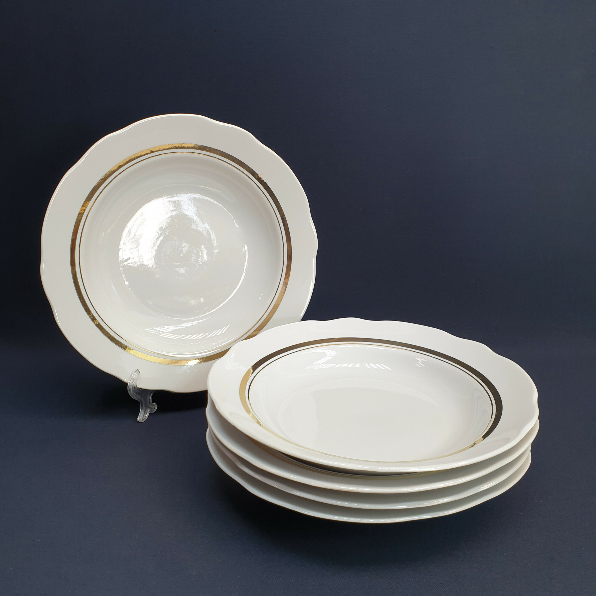 Набор из 5 суповых тарелок Дулево, фарфор золочение 24 см, винтаж СССР