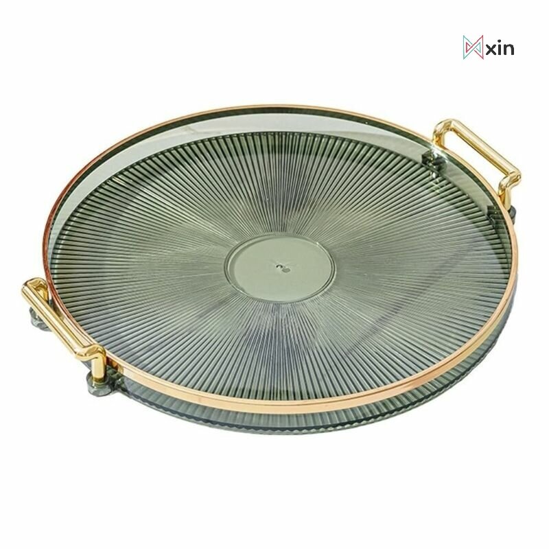 Декоративный поднос с ручками,30cm, Круглый стеклянный поднос с золотой каймой и ручками