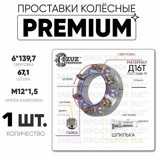 Проставки колёсные 1шт. 25мм 6*139,7 ЦО67,1 м12*1,5 гайка+шпилька 25мм премиум