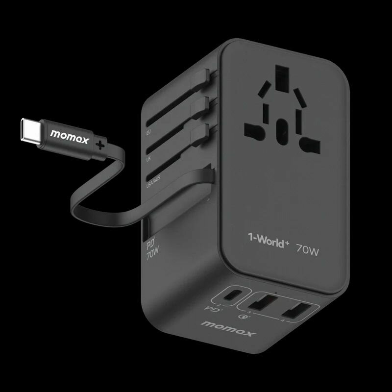 Универсальное сетевое зарядное устройство Momax 1-World+ 70W GaN Tech 3-Port+AC Travel Adapter with Retractable UCB-C Cable 65cm - Black