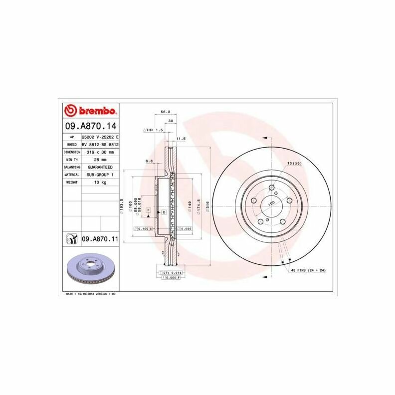 Диск тормозной вентилируемый передний BREMBO (09. A870.14) Prime Standard — фото 1