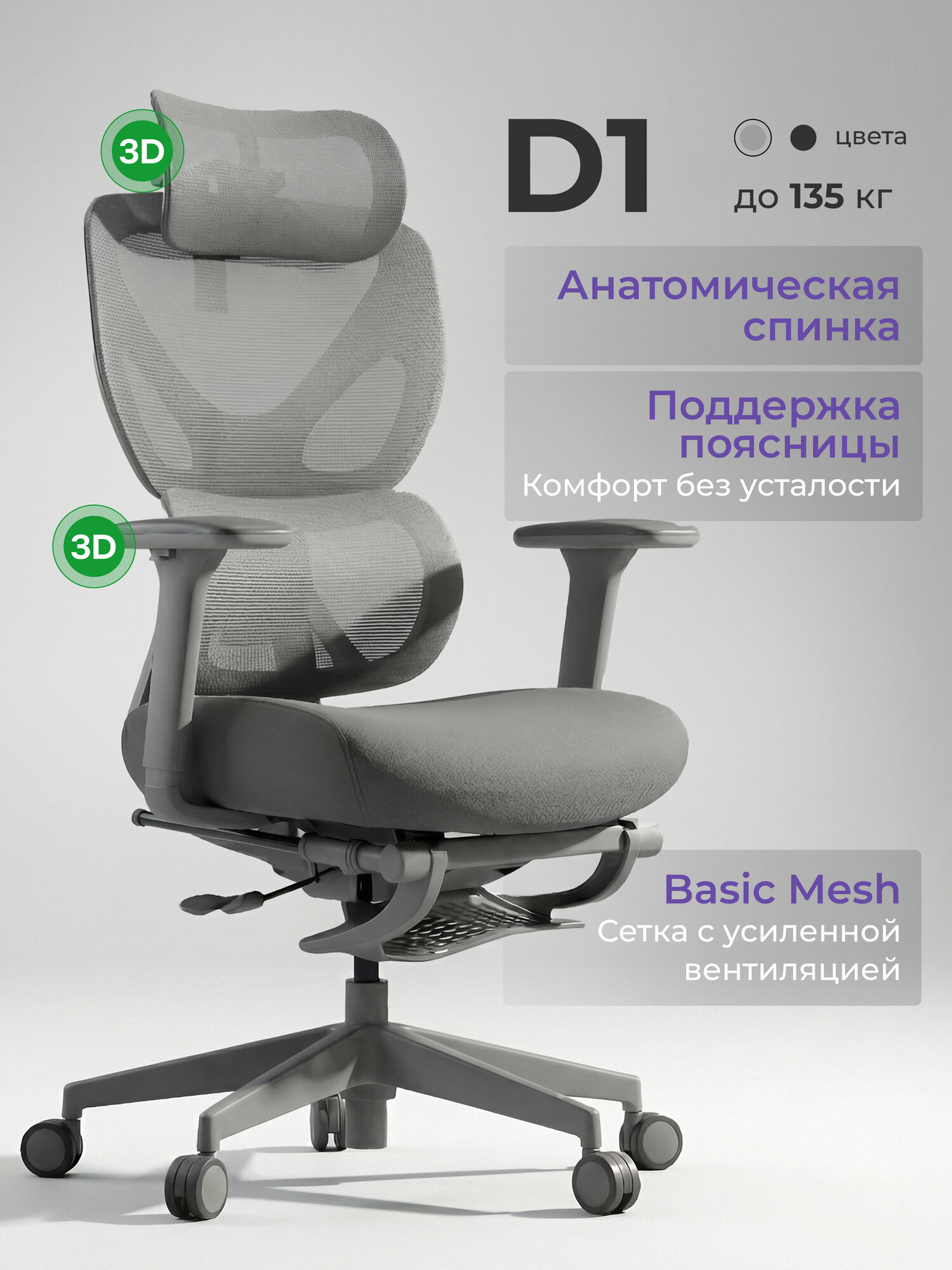 Кресло компьютерное эргономичное ортопедическое для дома и офиса Ergostul D1 Grey