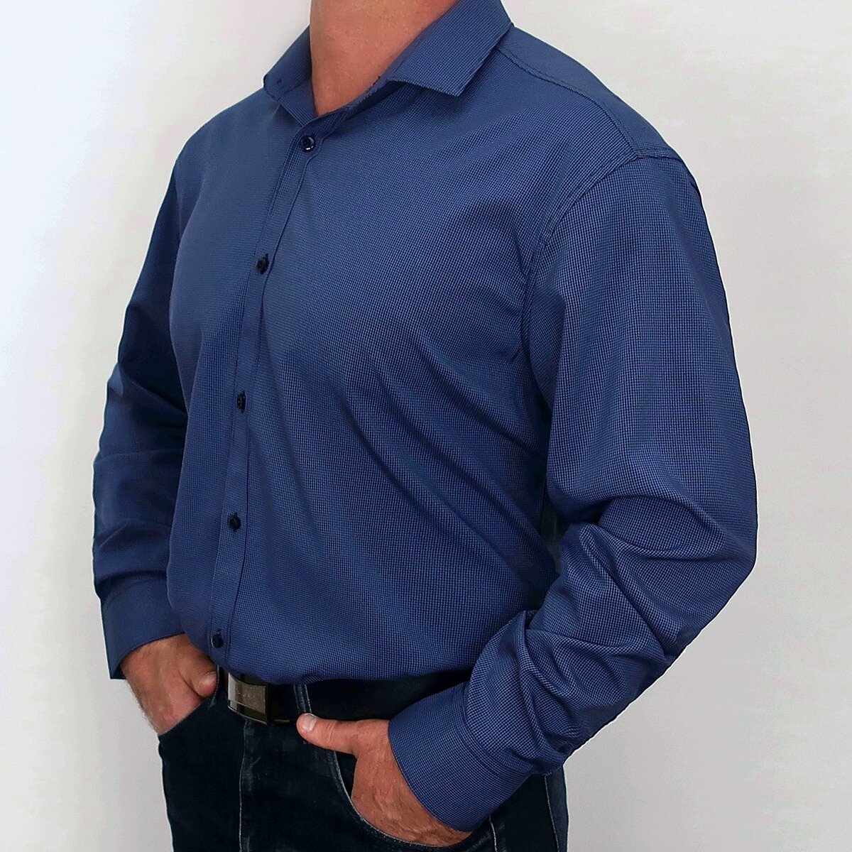 Рубашка Мужская рубашка с длинным рукавом прямая классическая, темная сорочка на пуговицах, рубаха на любой сезон, синяя мелкая клетка, без карманов, на любой сезон и на лето рубашка