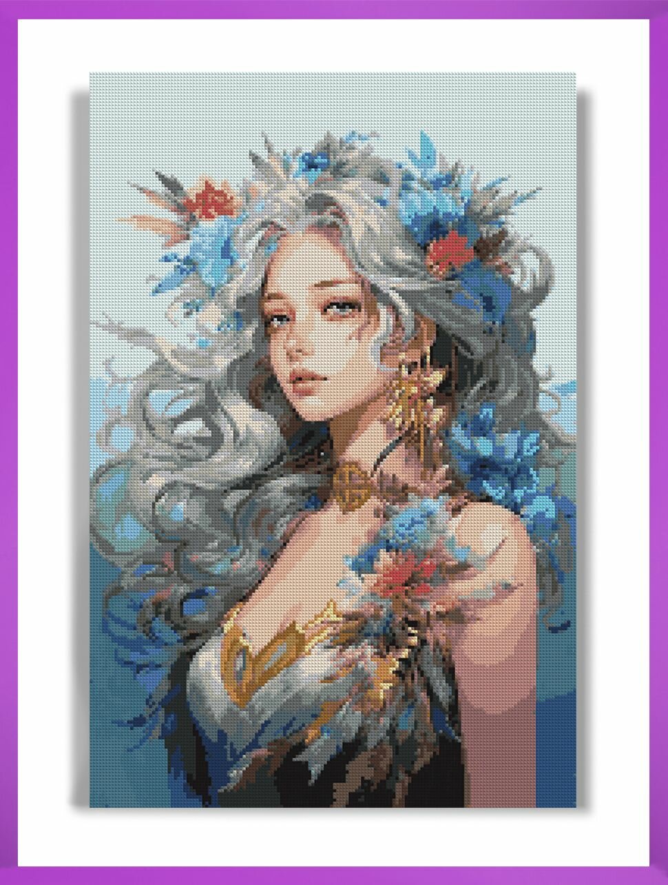 Алмазная мозаика на подрамнике - вышивка Девушка с голубыми цветами 40 х 60 см