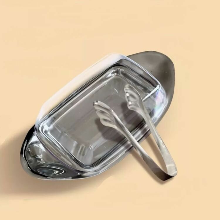 Маслёнка из нержавеющей стали с крышкой и Щипцы в комплекте