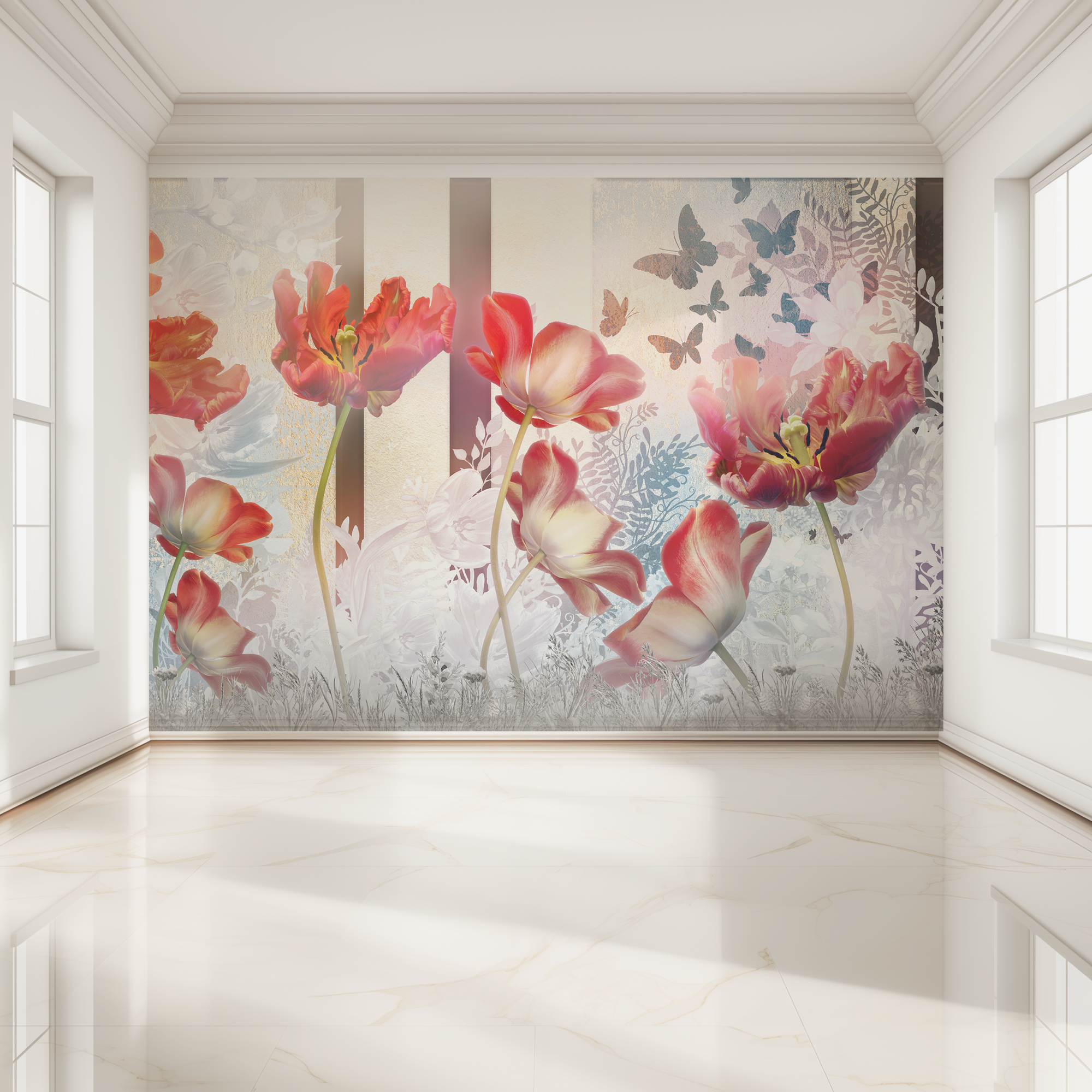 Фотообои 3д на стену "Красные тюльпаны", флизелиновые 400х270 см на кухню, спальню, зал