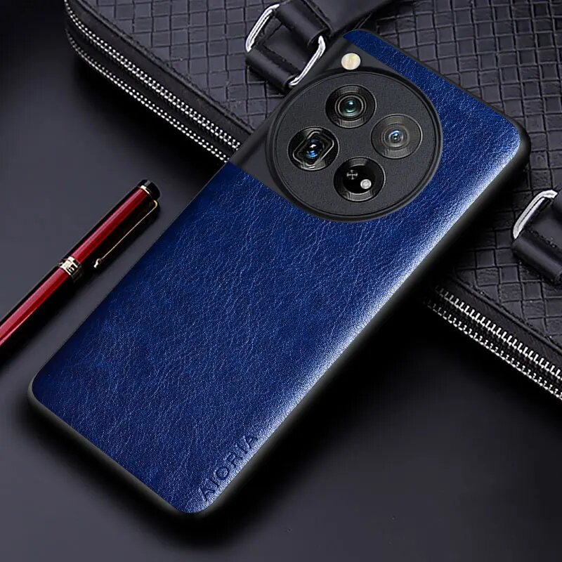 Роскошный кожаный чехол для Oneplus 12 12R Funda Business, однотонный мягкий чехол для телефона из ПК, чехол Funda Capa Темно-синий, Blue, Oneplus 12