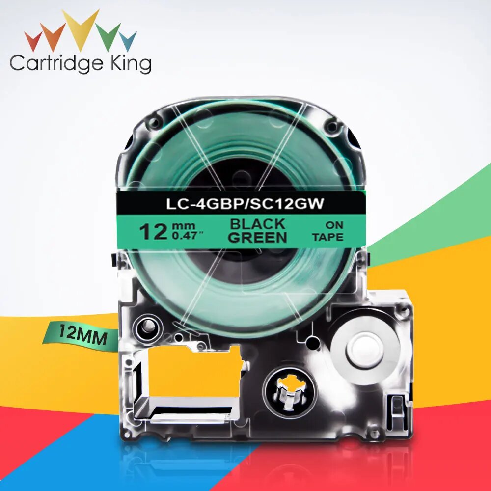 Лента для принтера Epson LW-300 LW-400 CARTRIDGE KING 12 мм Black on Green, 12 мм