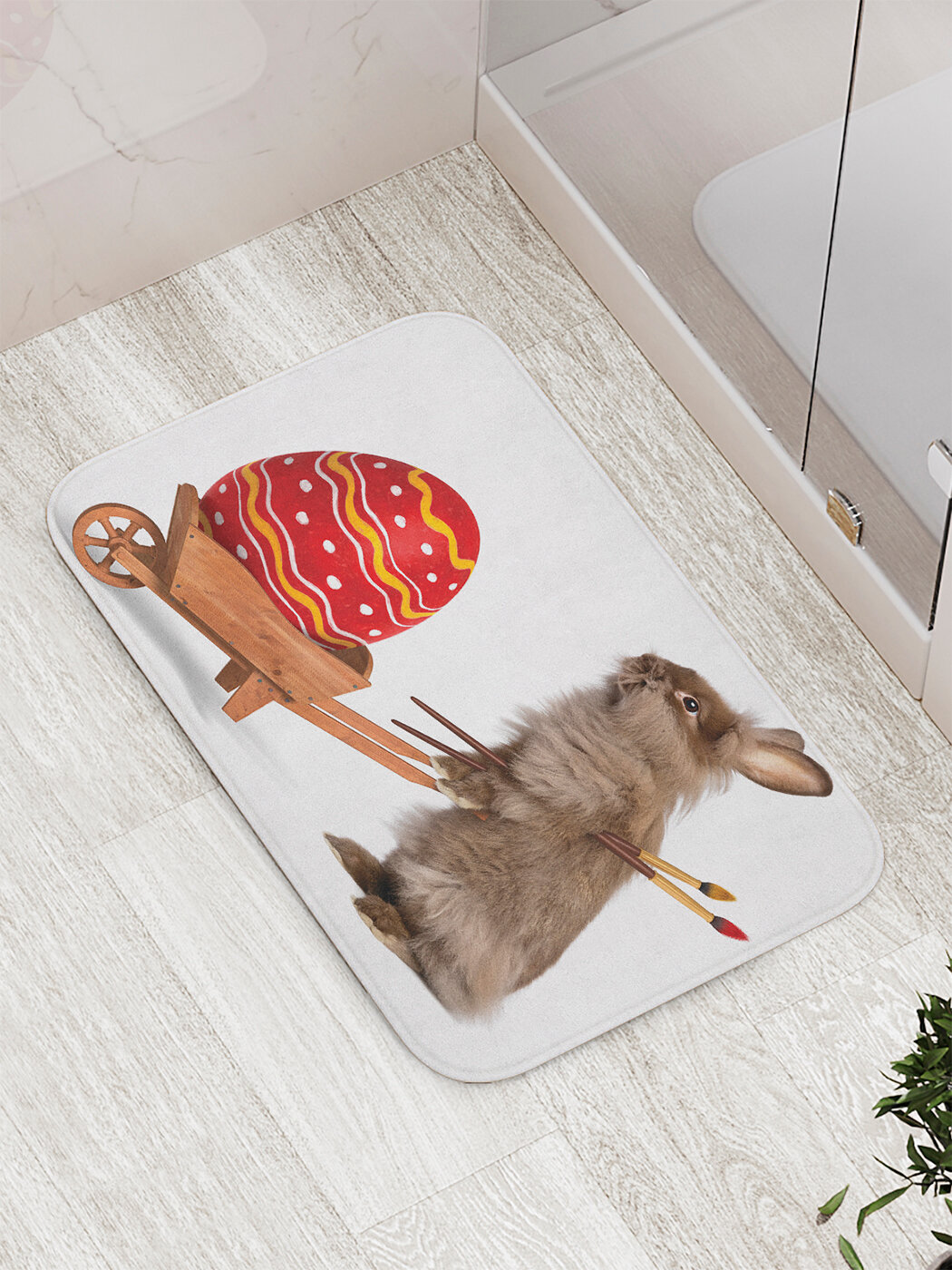 Коврик для ванной комнаты, туалета "Зайчик разрисовал пасхальное яйцо" противоскользящий, 52х77 см, JoyArty