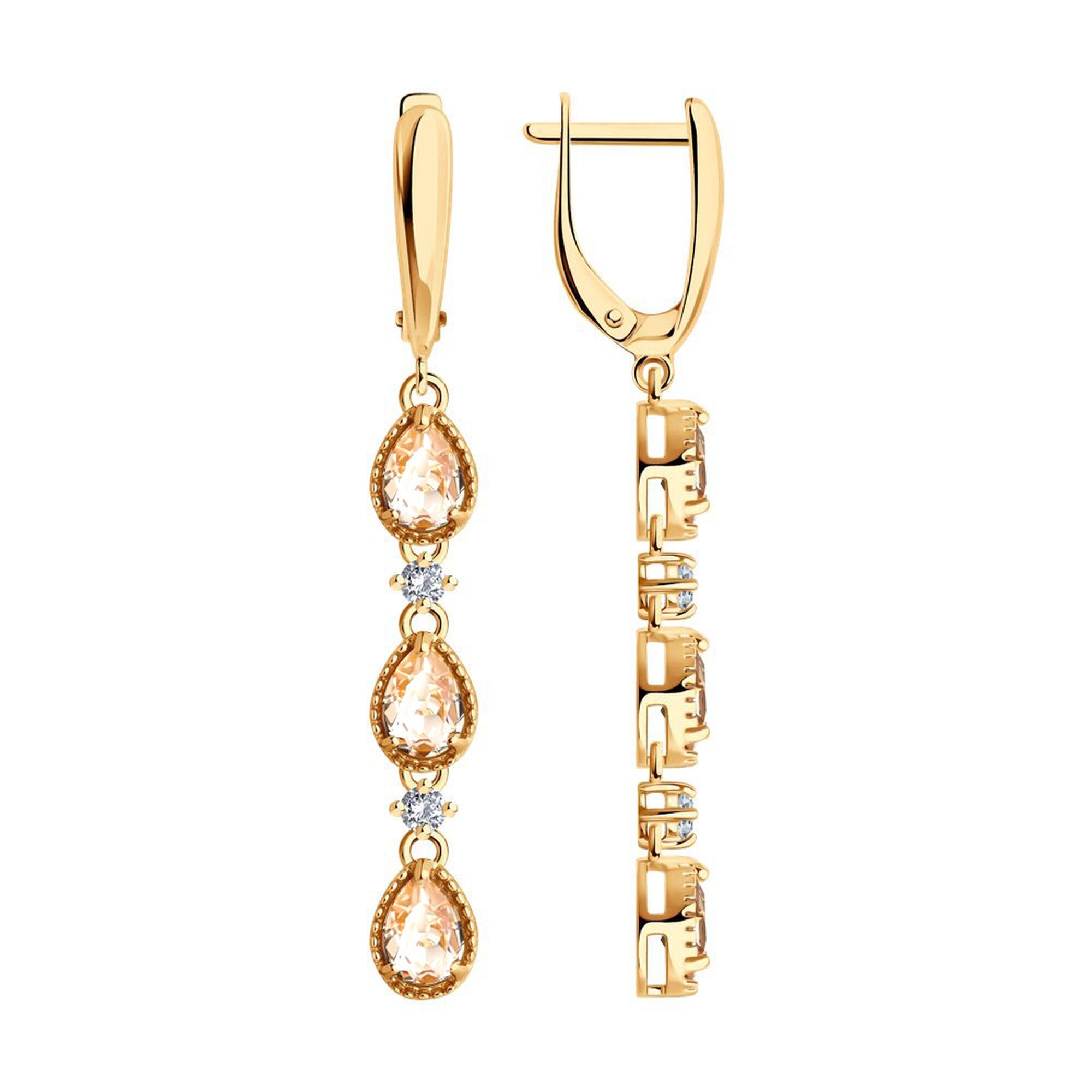 Серьги, серебро, 925 проба, золочение, фианит, кристаллы Swarovski