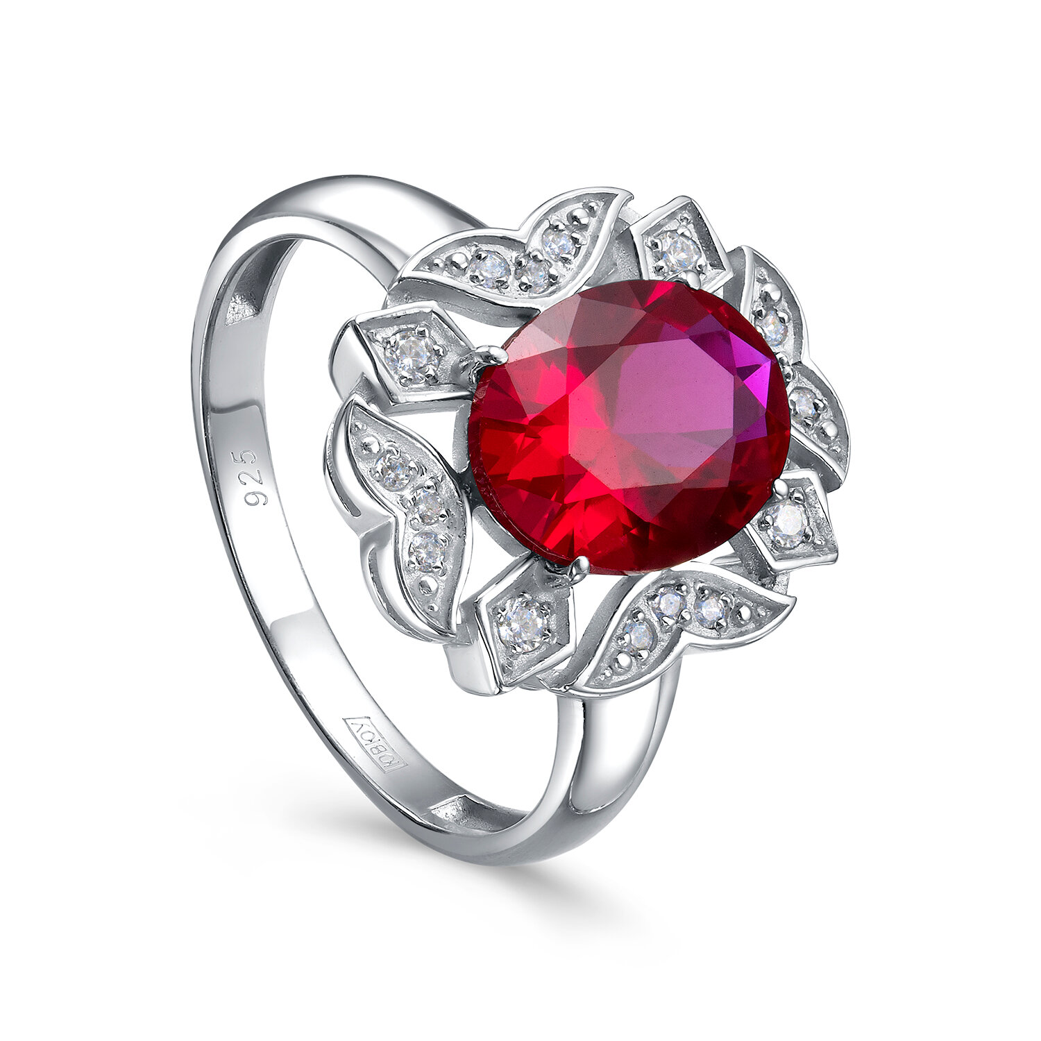 Кольцо, серебро, 925 проба, рубин синтетический, фианит