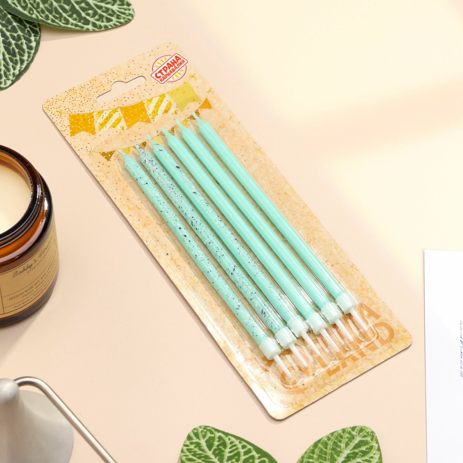 Свечи для торта "Блестящая вечеринка" 6 шт, бирюзовый, высокие