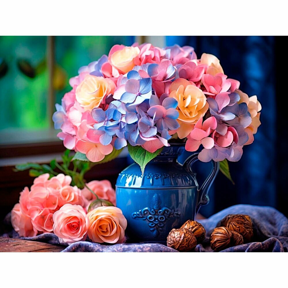 Алмазная мозаика Рыжий кот 30х40 см Цветы гортензии, самоклеящаяся основа без подрамника (НД-6407)