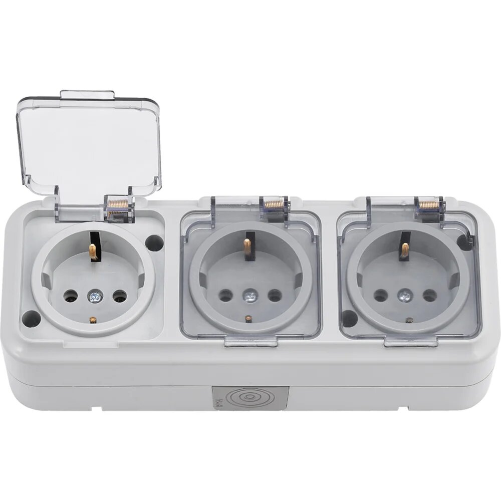 3-местная, Bylectrica, розетка Bylectrica ОУ с с заземлением, IP54, с прозрачной крышкой, пралеска аква, серый