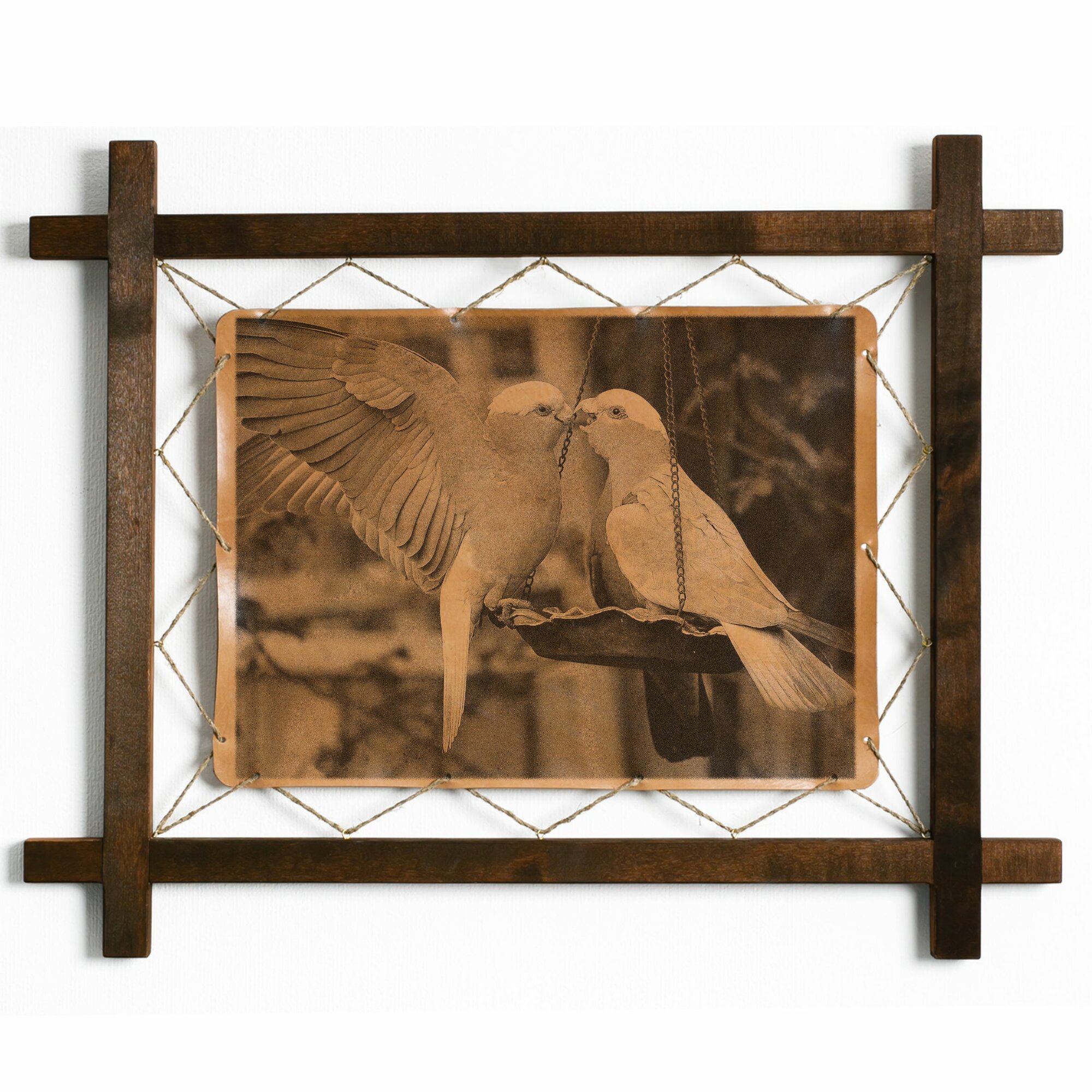 Интерьерная картина из натуральной кожи "Попугаи", декоративное настенное панно в деревянной раме, BoomGift