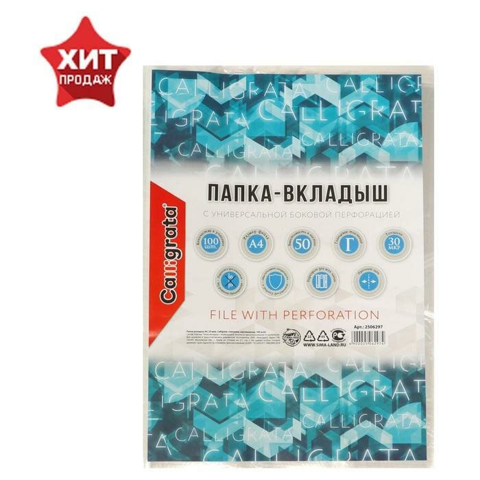 Файл-вкладыш Calligrata А4, 30 мкм, "Премиум", глянцевый, 100 штук 2506297