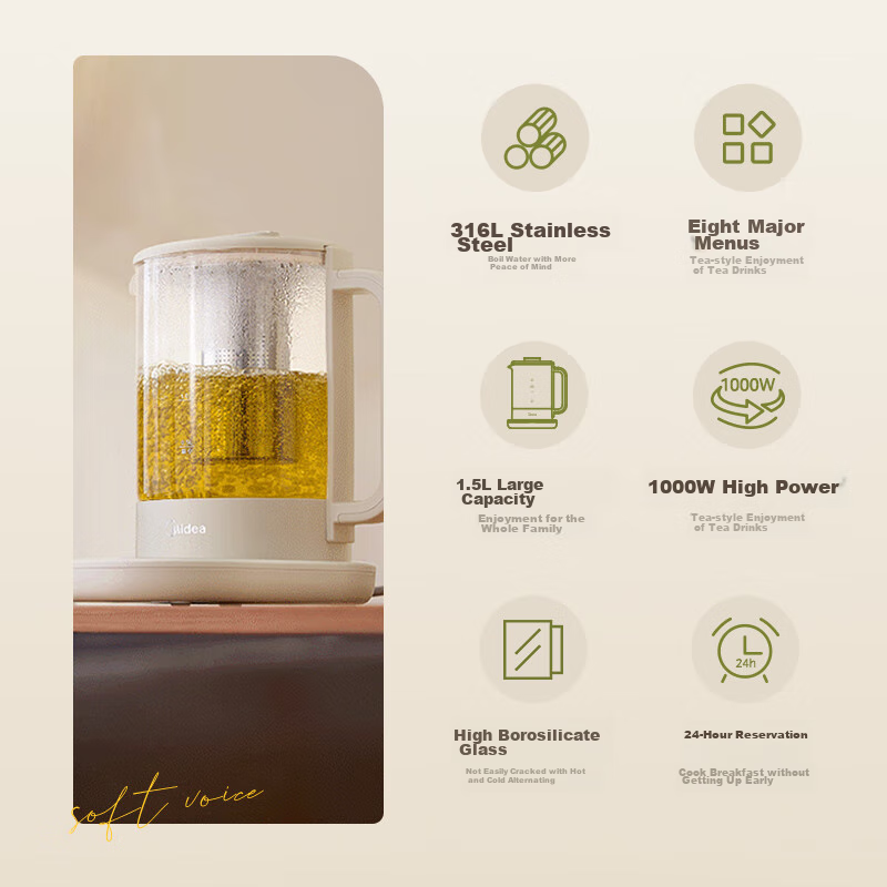 Midea Health Pot, 316L Mother And Baby Material, 1.5L Automatic Tea Kettle, Flower Tea Pot, Water Boiler, 12h Constant Temperature Multi-Stage Temperature Control Tea Maker, Electric Kettle YS15TM-Y1