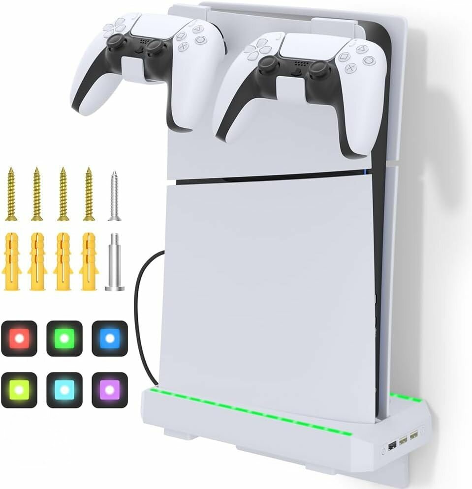 Док-станция PS5 Slim Wall Mount Vertical Bracket с RGB-светодиодами и 3 USB для цифровой и дисковой консоли PS5 Slim