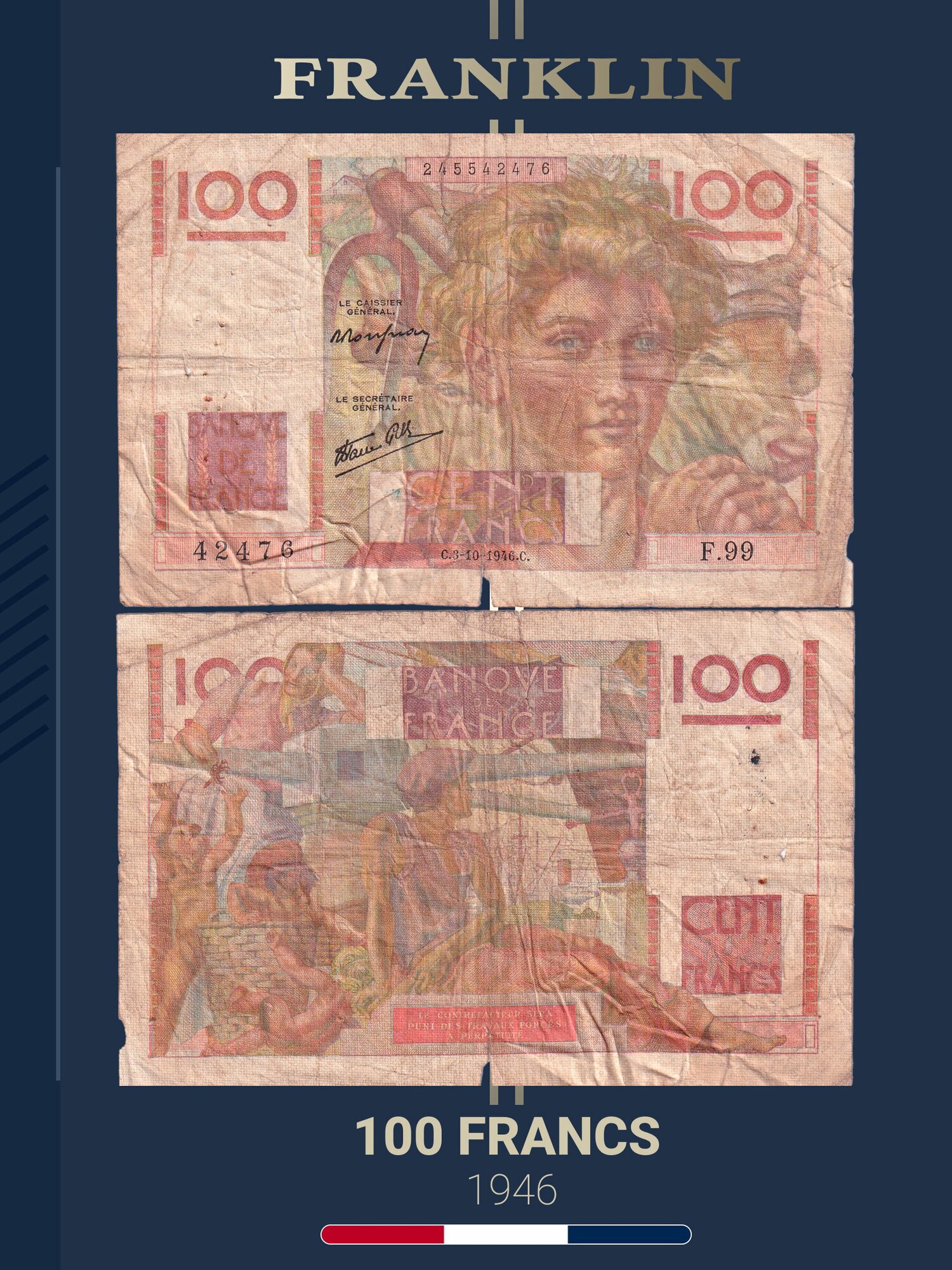 Банкнота Франция 100 франков 1946 год (G) Pick 128