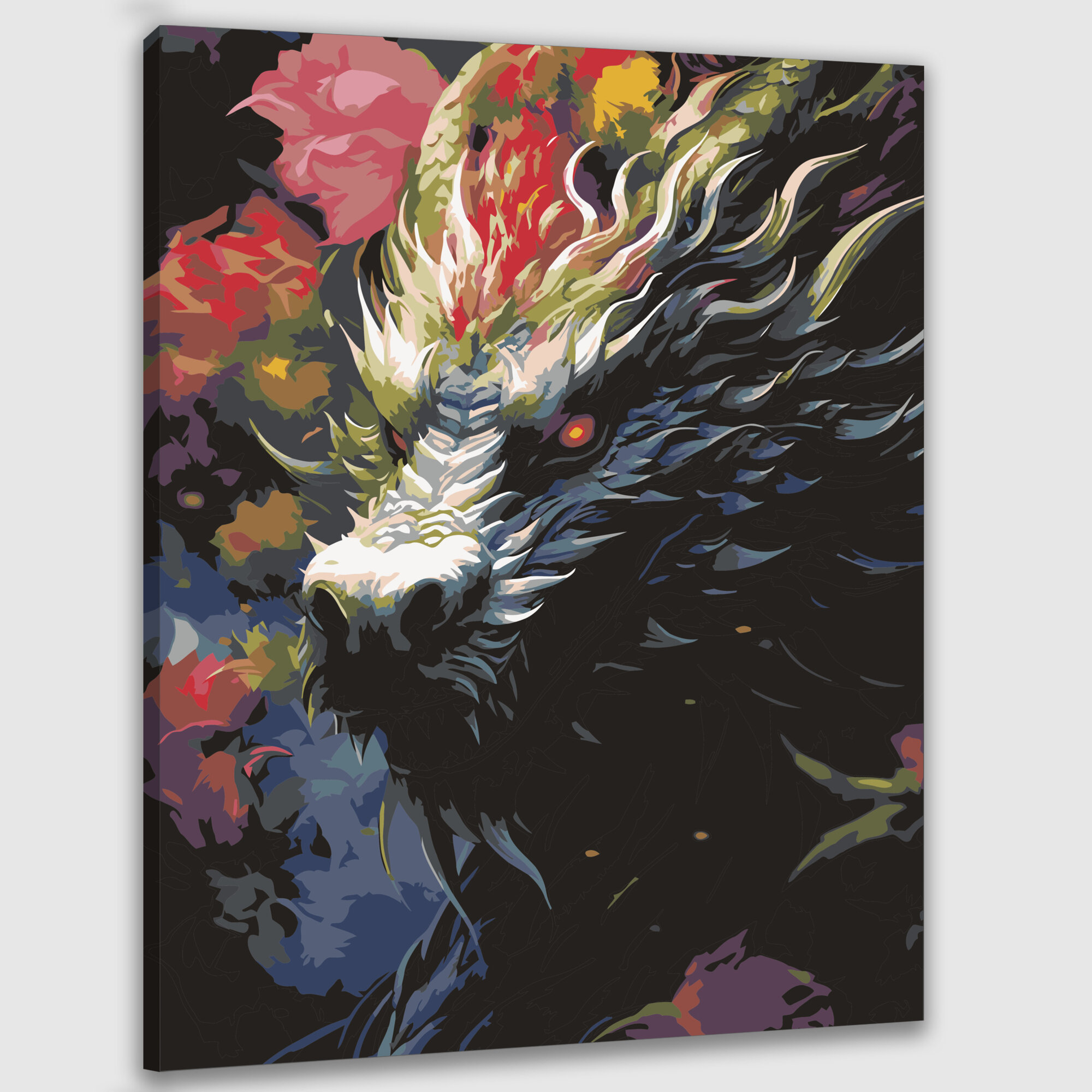 Картина по номерам 40x50 см, картина, дракон, цифровая, чешуя, изумрудно-зеленый, рубиново-красный, сапфирово-синий