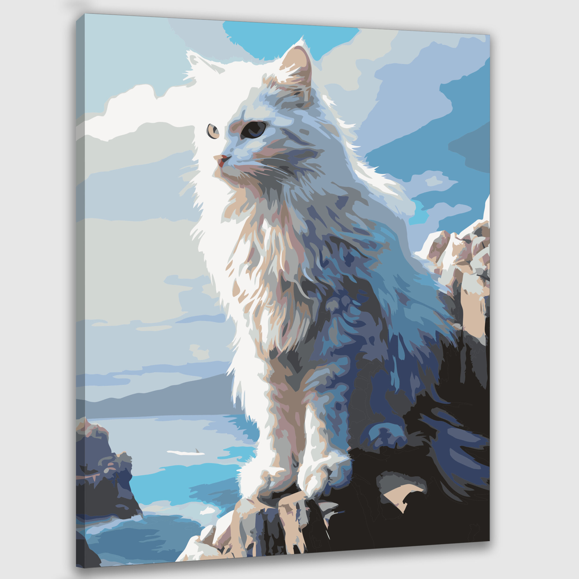 Картина по номерам 40x50 см, цифровая картина, белая кошка, голубые глаза, скалистый утес, бескрайний океан