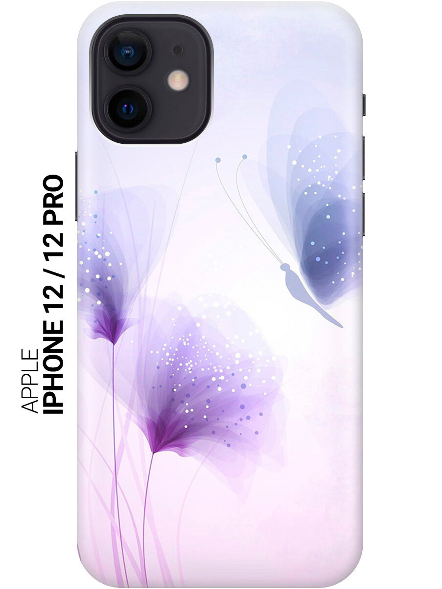 Силиконовый чехол на Apple iPhone 12 / 12 Pro / Эпл Айфон 12 / 12 Про с рисунком "Бабочка и фиолетовые цветы"