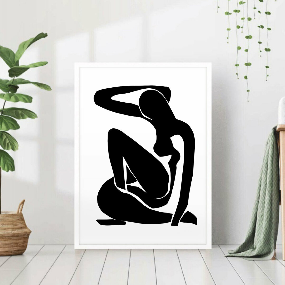 Постер "Силуэт девушки черный на белом" в белой рамке 50х70 см для интерьера на стену