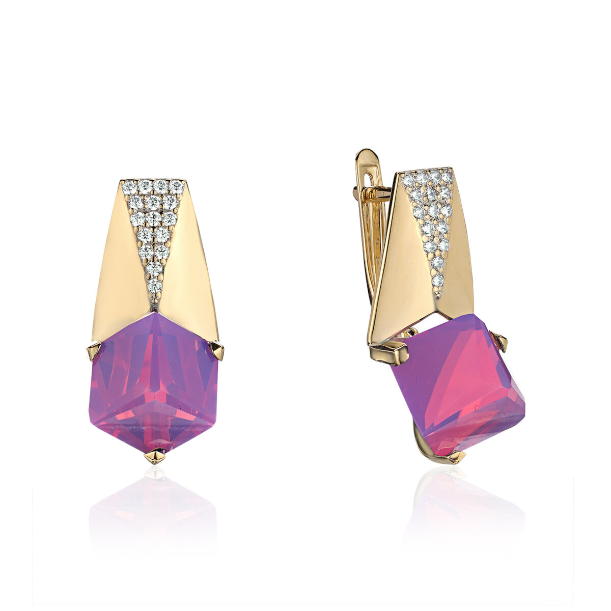 Серьги, желтое золото, 585 проба, фианит, опал