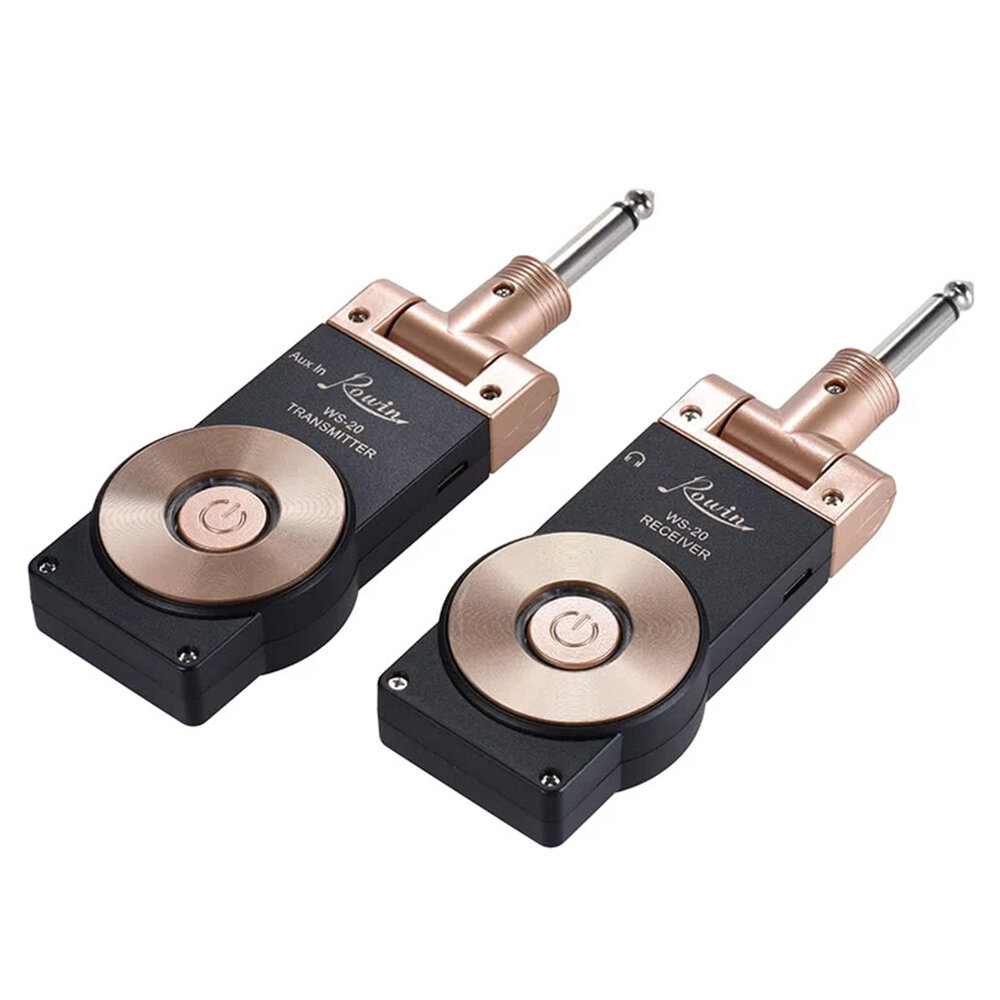 Комплект перезаряжаемого беспроводного передатчика-приемника для электрогитары Rowin WS-20 2.4G с дальностью передачи 30 метров и USB-кабелем для зарядки.