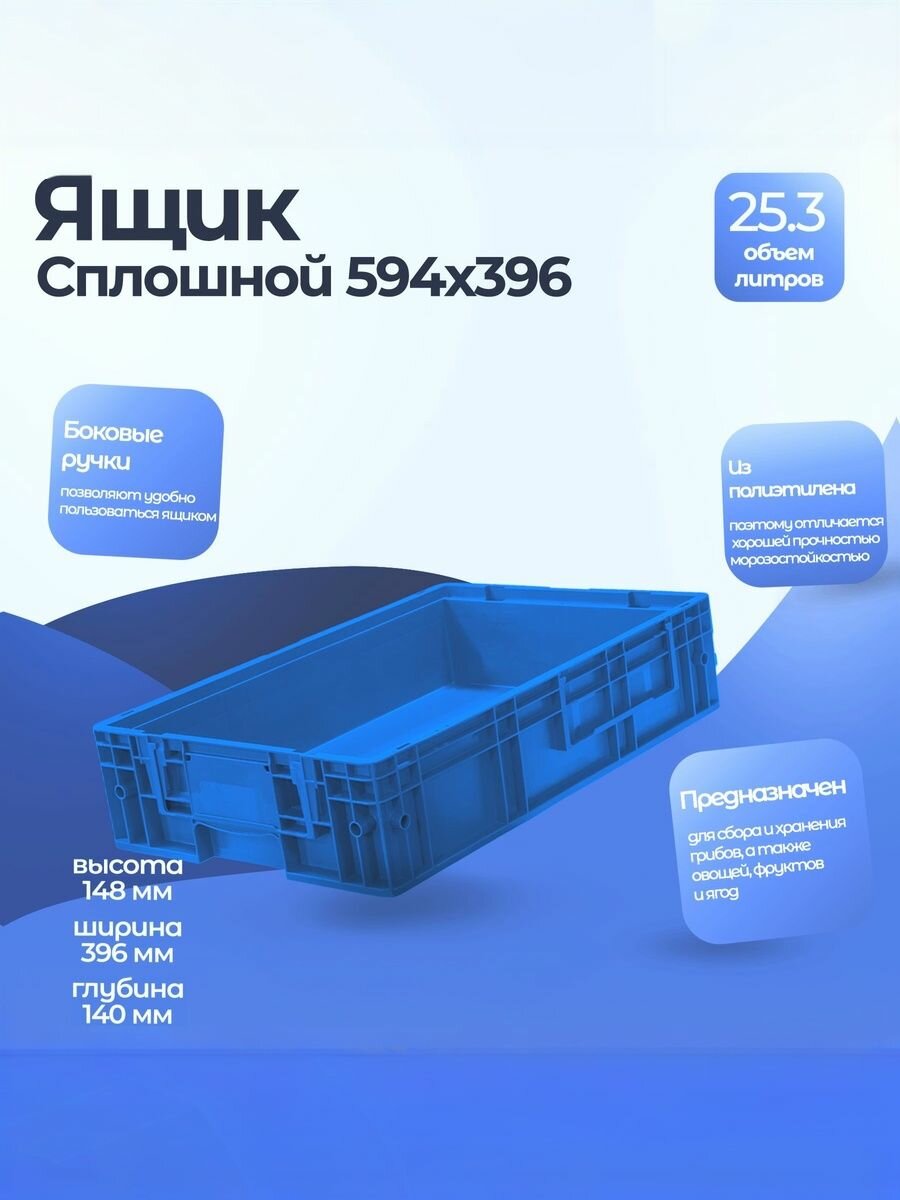 Ящик для хранения 25,3л, 590*390*130, сплошной, с ребрами жесткости (полипропилен), голубой, Тара. ру 20863
