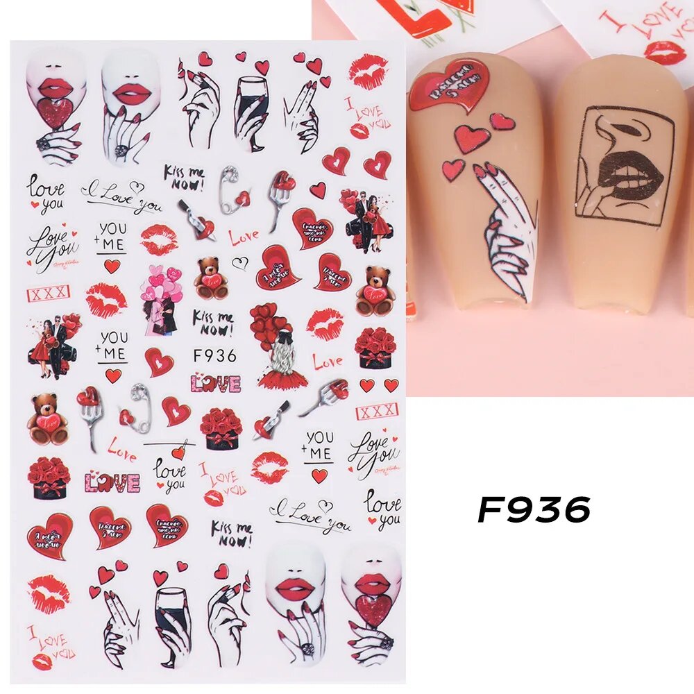 1PCS New Black White Love Heart English Alphabet Nail Art Sticker Nail Decoration Decal DIY Valentine's Day 3D Adhesive Stickers