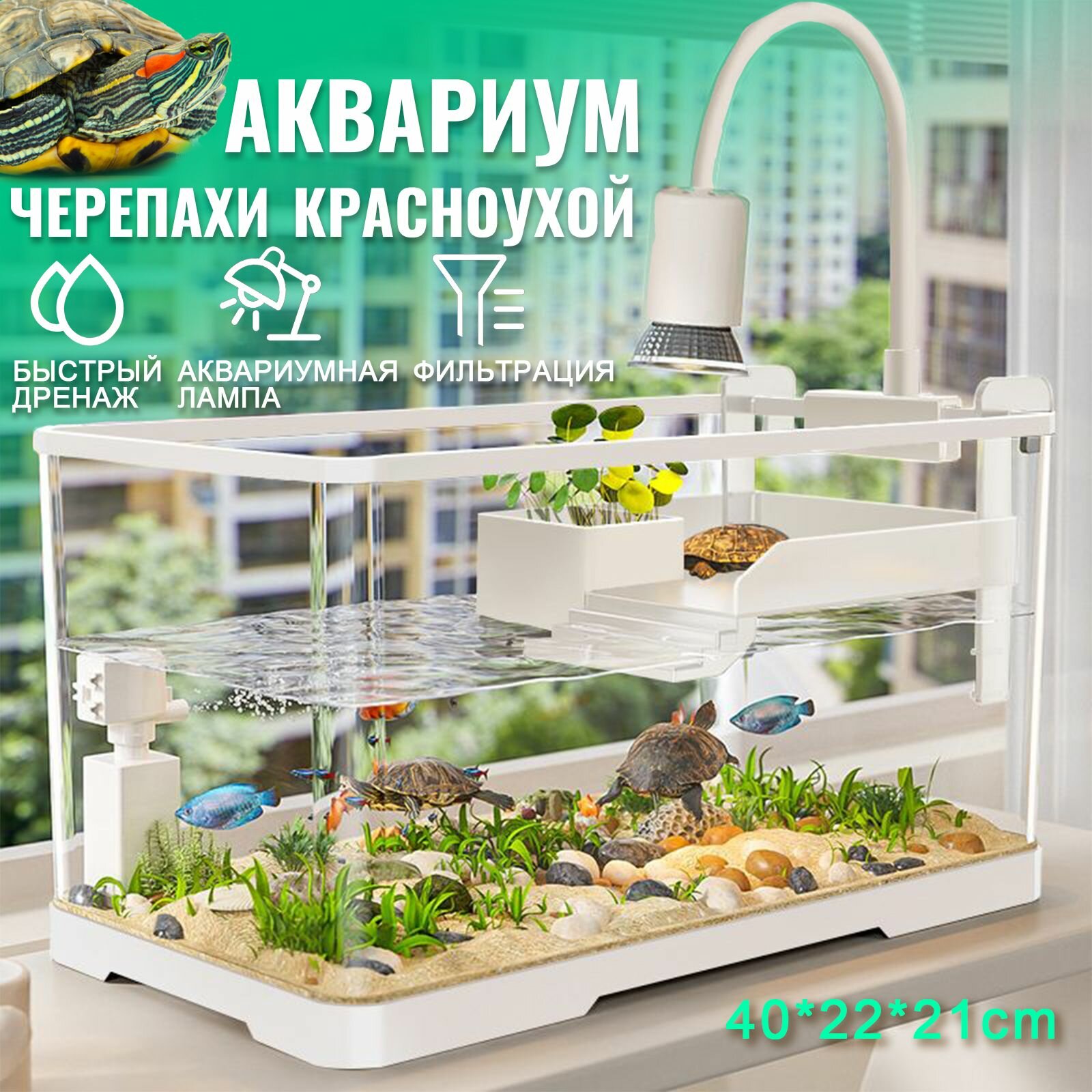Аквариум для черепахи красноухой, 40*22*21cm, С аквариумным светильником и фильтром