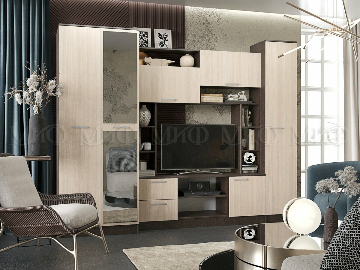 Стенка для гостиной Миф Флора (c зеркалом) ЛДСП дуб беленый/ венге 2700×2100×560 мм