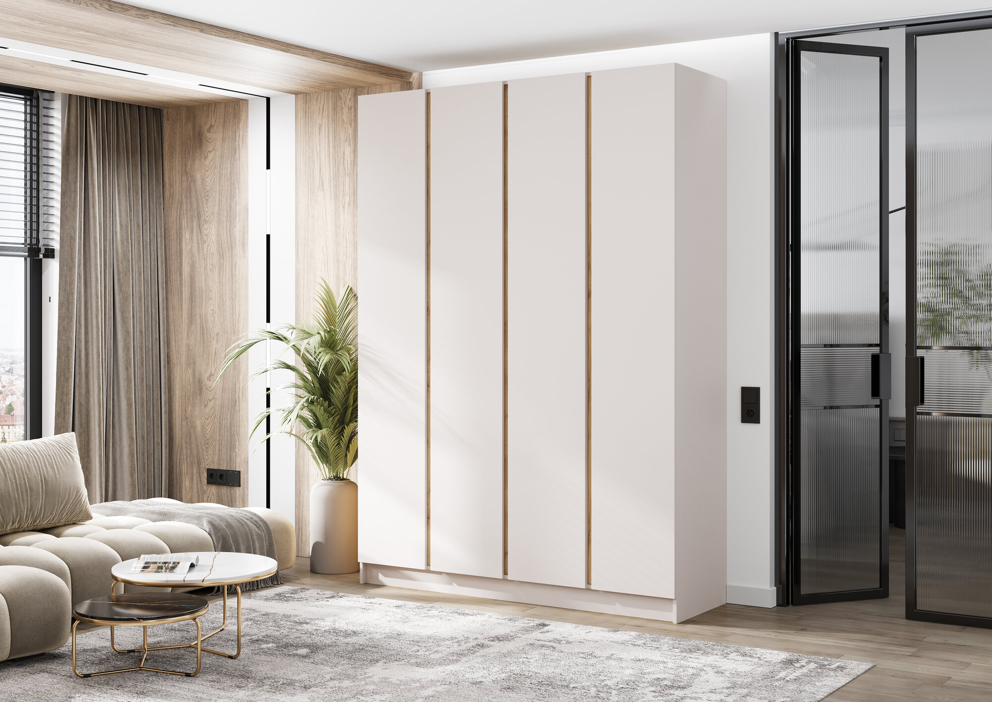 Шкаф для одежды Миф Келвин 4-х ств. Кашемир/ кашемир вставка дуб крафт 1600х2236х506мм