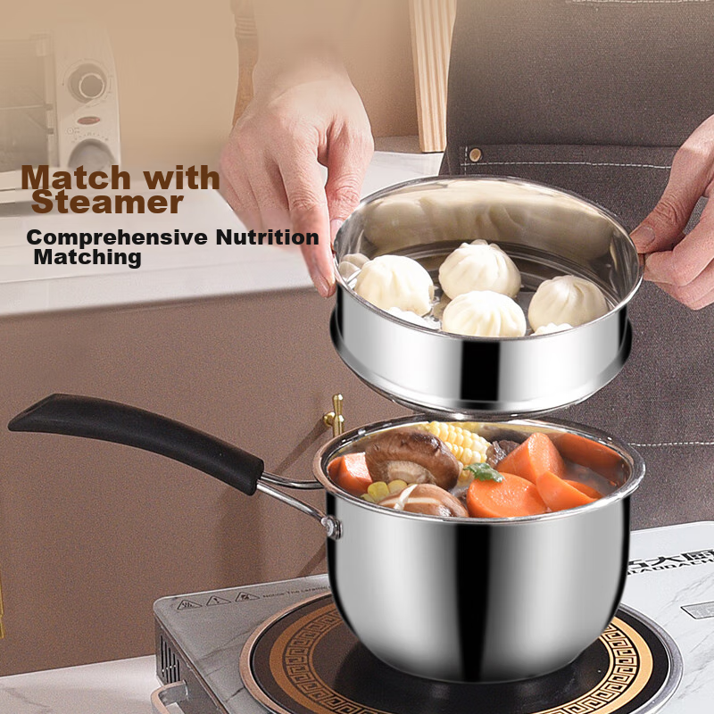 BSITN Stainless Steel Milk Pot, 20cm Small Milk Pot with Steamer, Non-Stick Pot, Baby Food Pot, Milk Cooking Pot, Compatible with Induction Cooker, 3418
