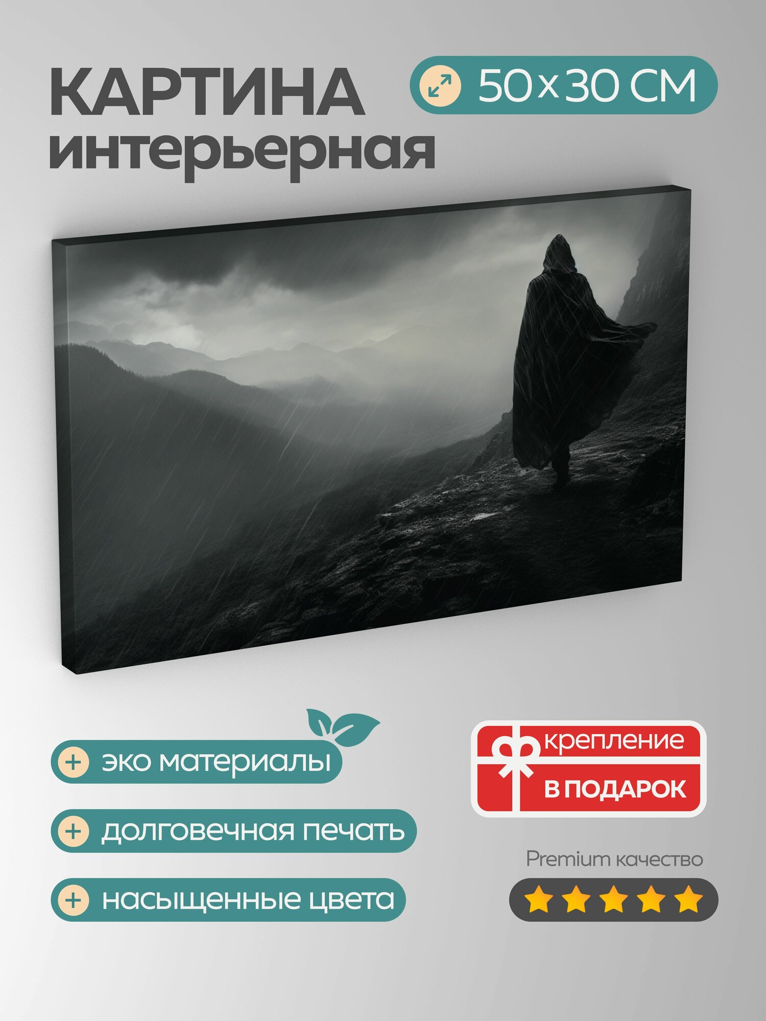 Картина на холсте интерьерная 50х30 см, черно-белая, фотография, одинокая фигура, тьма, горный перевал, грозовые тучи